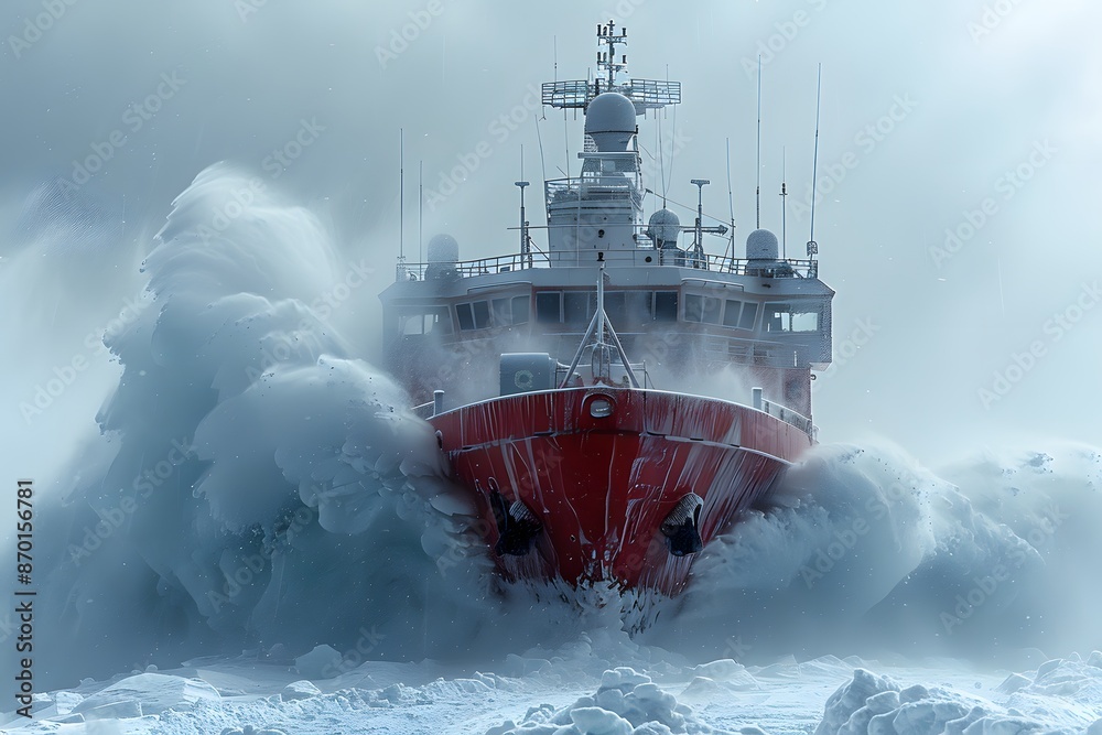 An icebreaker ship battling a fierce blizzard in the afternoon. Heavy ...