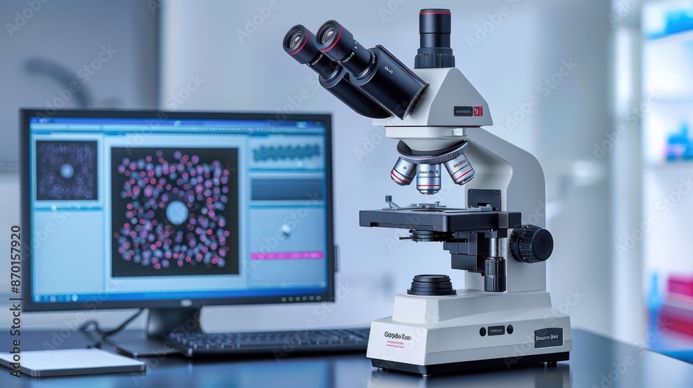 A microscope with a built-in camera that takes pictures of cell samples ...