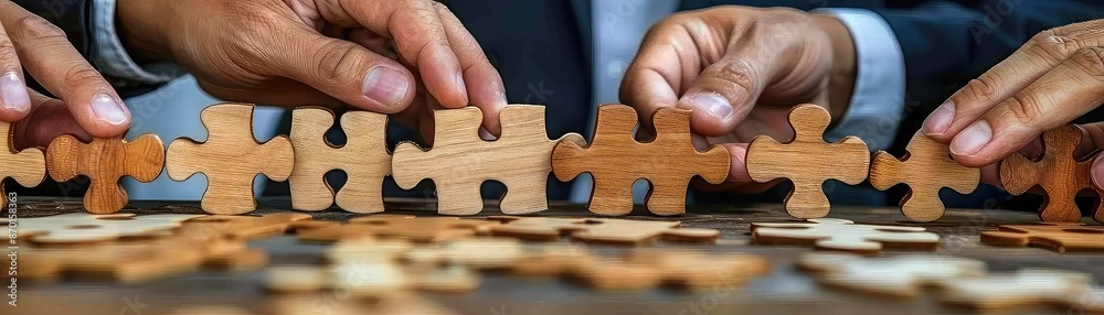 Business professionals' hands assembling wooden puzzle pieces, teamwork ...