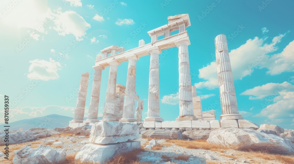 Ancient Greek temple ruins under a bright blue sky, showcasing historic ...