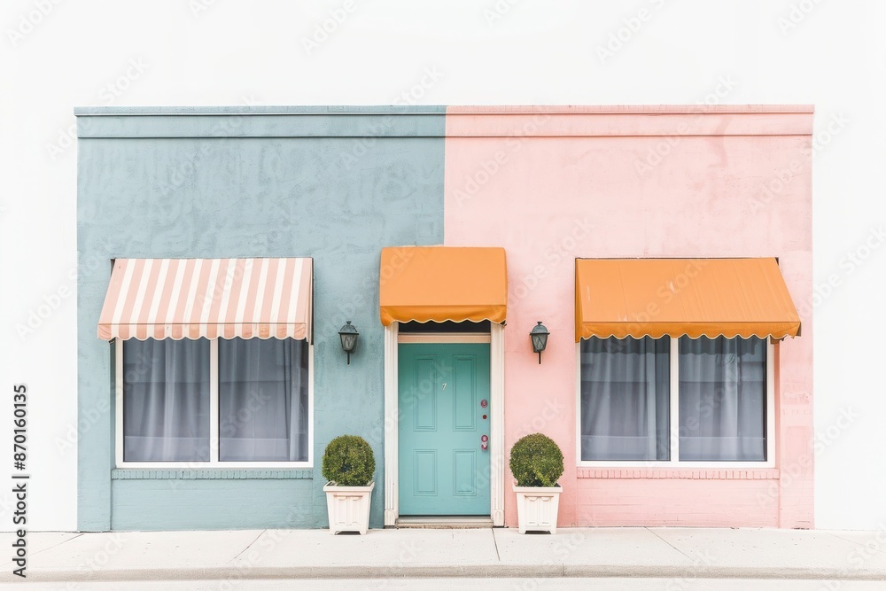 Colorful storefront with light blue and pastel pink walls, featuring ...