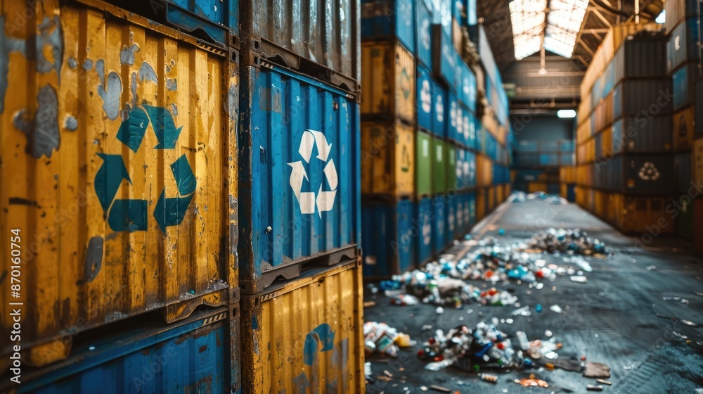 Industrial facility with visible signs for recycling and waste ...