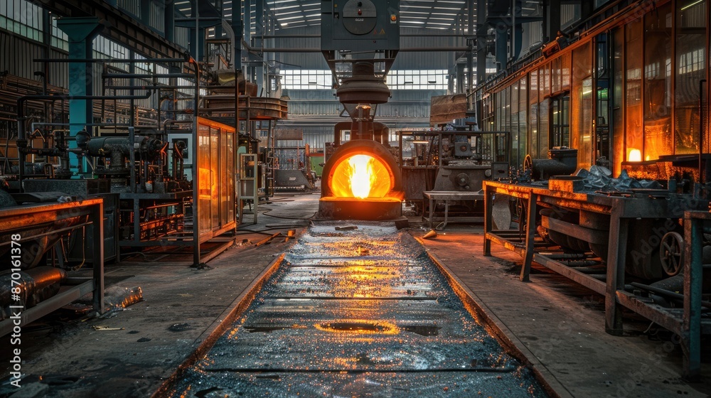 Factory with a large furnace in the middle. The furnace is glowing ...