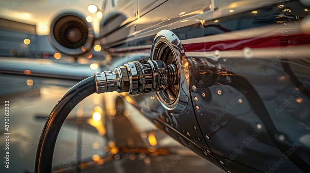 Airplane fuel nozzle connected close-up. Close-up of a fuel nozzle ...
