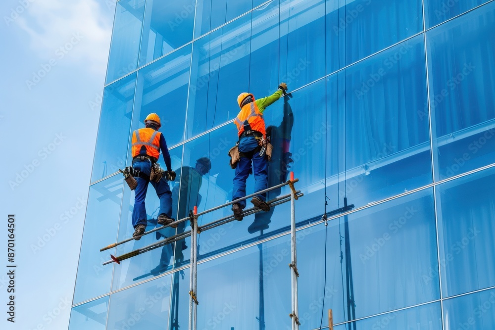 Construction workers cleaning the glass facade of a tall building using suspended scaffolding ...