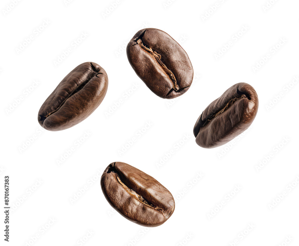 Four coffee beans floating in the air on a transparent background, in a ...