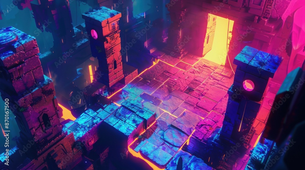 Futuristic neon-lit dungeon with glowing columns and floating platforms ...