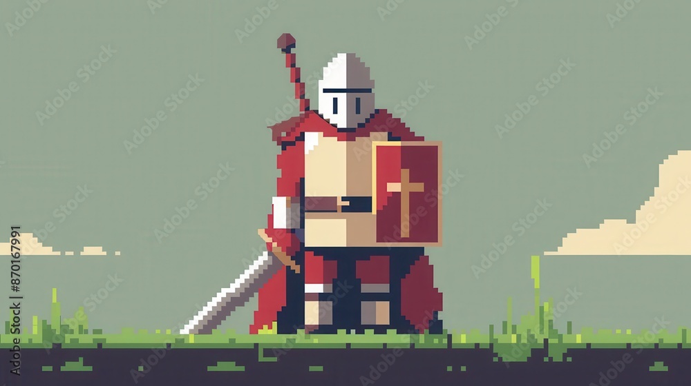 Pixel art knight in armor with a shield and sword standing on grassy ...
