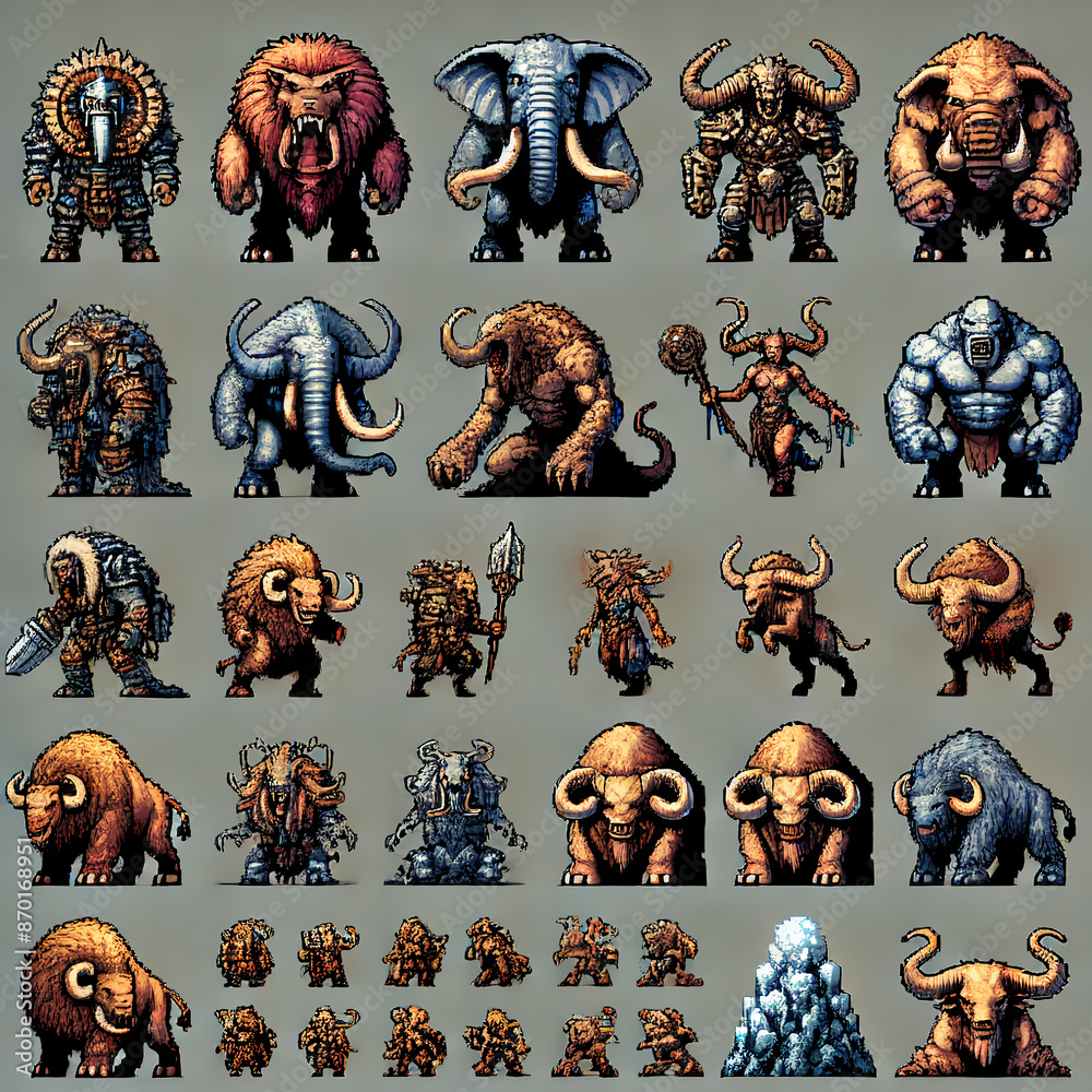 Sprite sheet of pixel art icons with Behemoth theme ilustración de ...