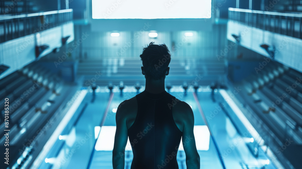 Back view of a diving sport athlete on diving tower ready to jump into ...