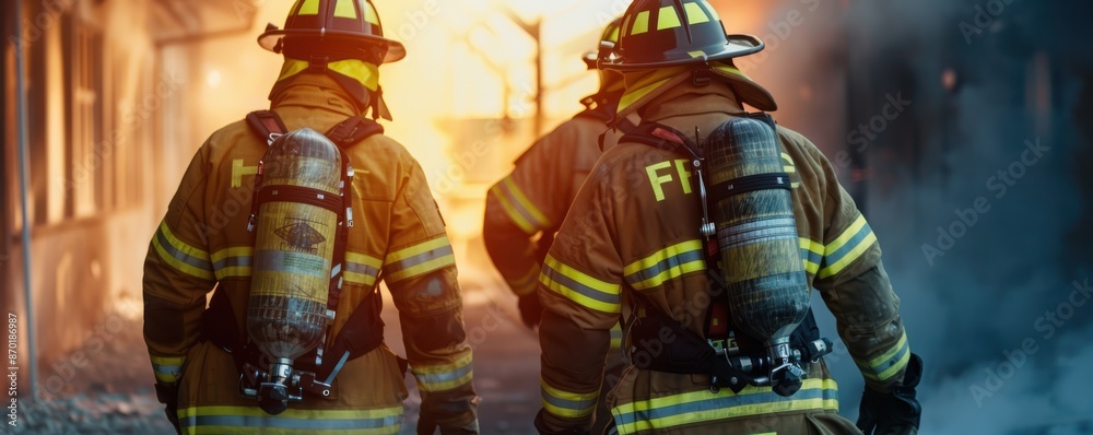 Two firefighters in full gear walking towards a burning building ...