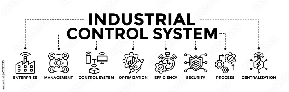 Industrial control system banner concept with black outline icon of ...