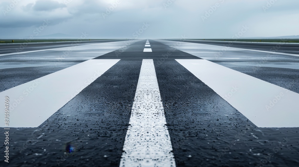 Airport runway running tangentially across, left to right, wet from ...