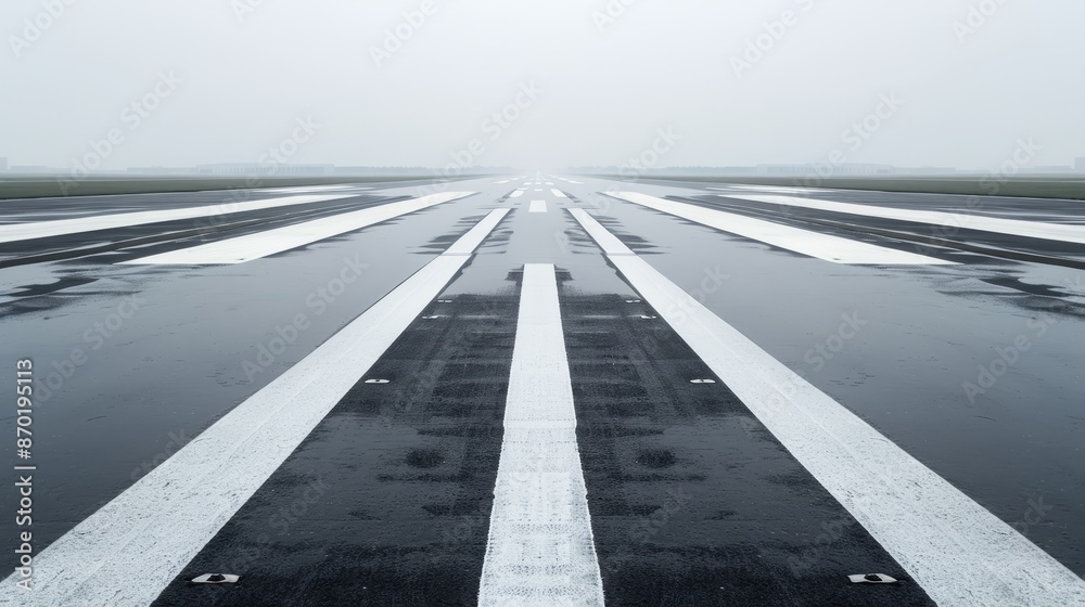 Clear airport runway running tangentially across, left to right, wet ...