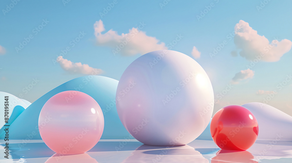 Abstract background with three spheres in different colors, pastel ...