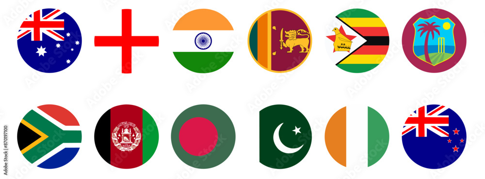 Full members of International cricket council (ICC) flag icons isolated ...