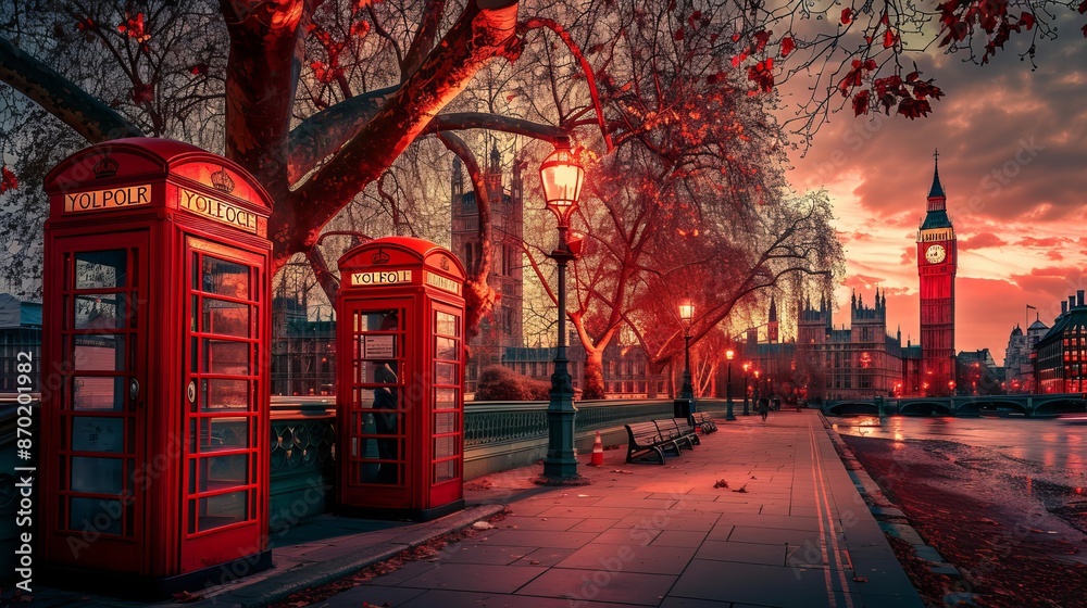 Red teAlong Victoria Embankment in London, iconic red telephone boxes ...