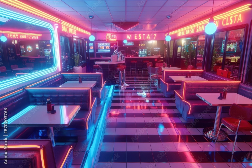 Bright neon lights and retro furniture highlight a classic diner ...