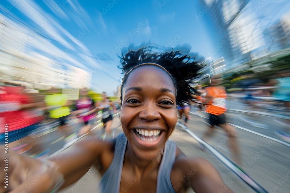 Black woman taking a selfie while running in a marathon, surrounded by ...