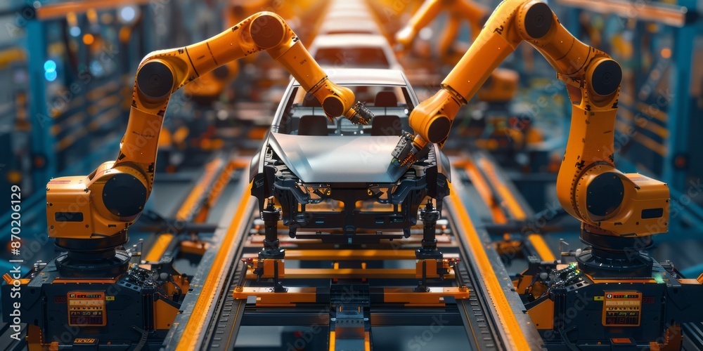 Automated Robotic Arm Assembly Line in Modern Car Manufacturing Plant ...