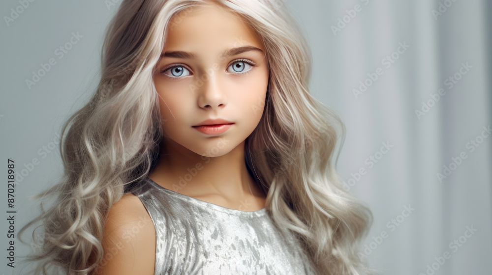 Portrait of a chic cute beautiful baby girl with perfect skin, silver ...