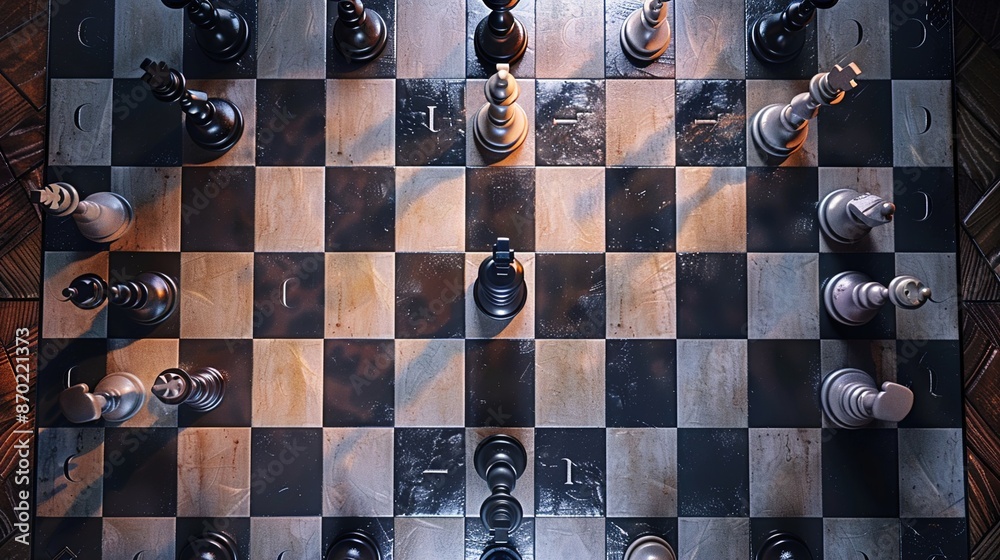 A top-down perspective of a chessboard with pieces arranged for a ...