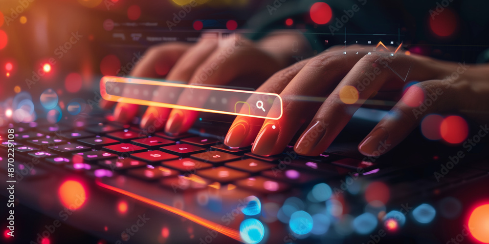 Close-up of hands typing on an illuminated keyboard with a visible ...