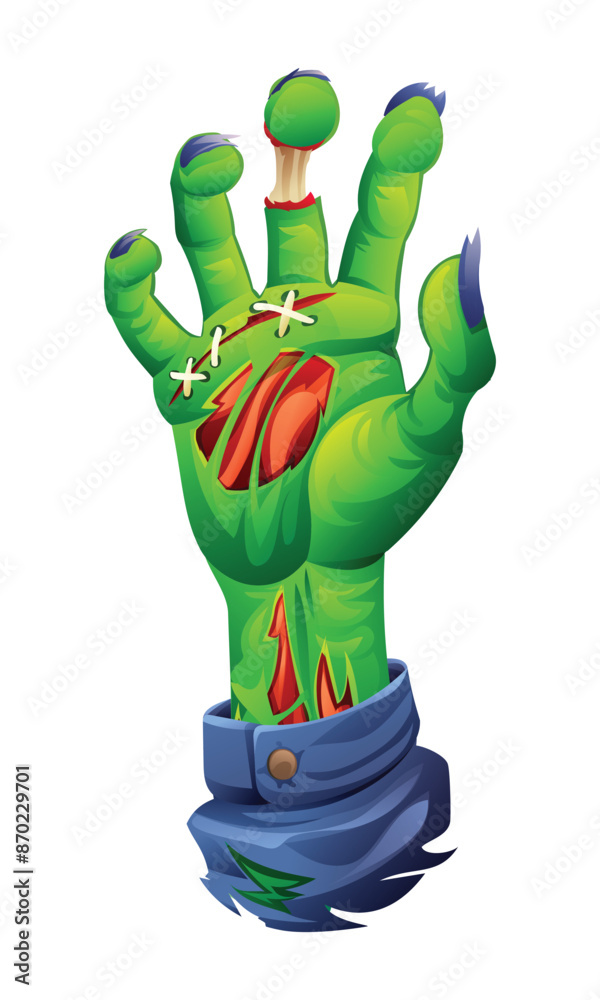 Zombie hand with stitches and a severed finger. Vector cartoon ...