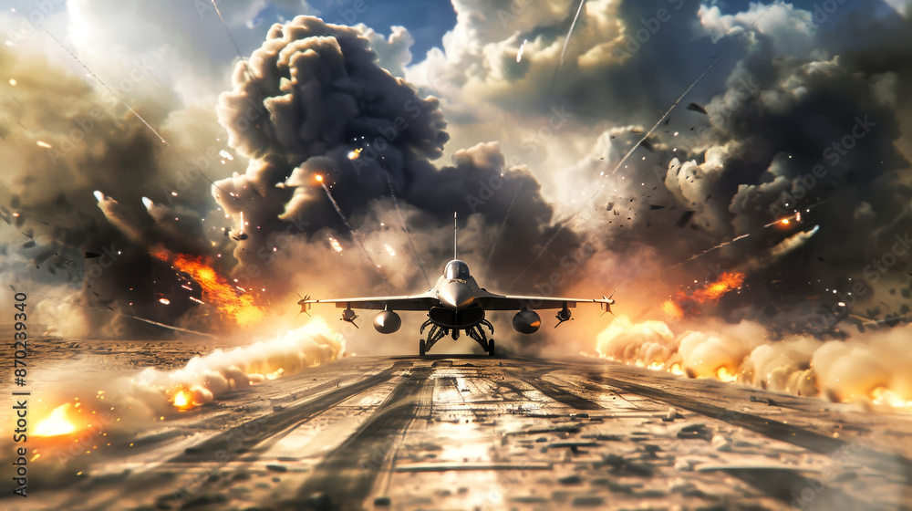 A fighter jet takes off from a runway, surrounded by explosions and ...