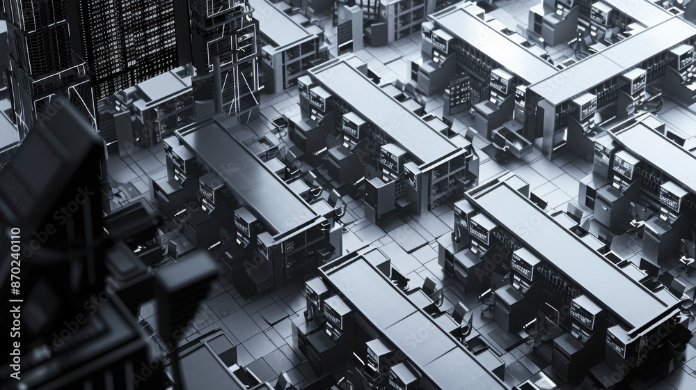 Bankrupt digital market with empty trading floor, advanced tone ...