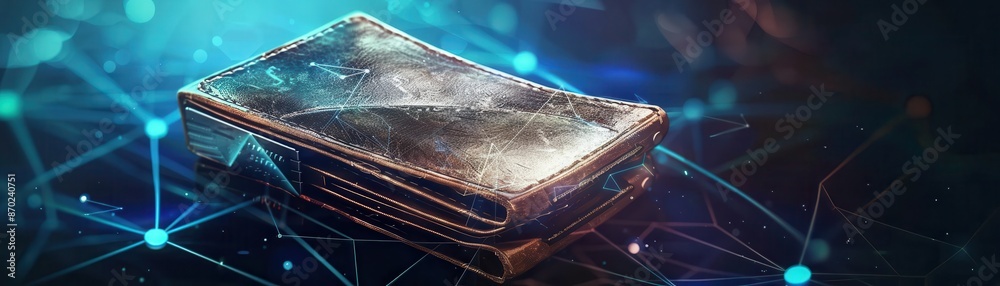 Overflowing digital wallet with positive trends, scifi tone, triadic ...