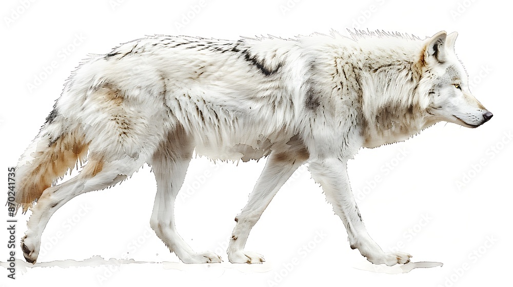 A white wolf walking in a full body pose, a watercolor clipart with a ...