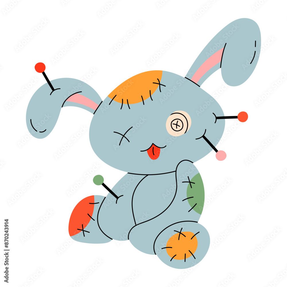 Voodoo doll rabbit. Rabbit with pin, stitches, patches. Cartoon style ...