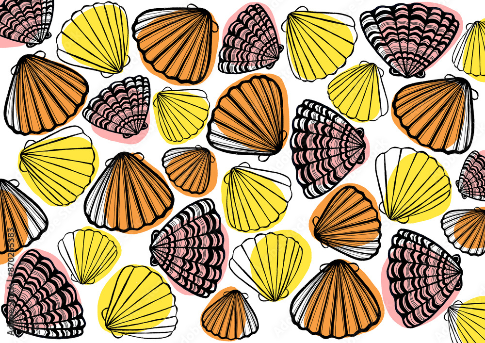 Pattern of seashells of different sizes. Drawing with black outline ...