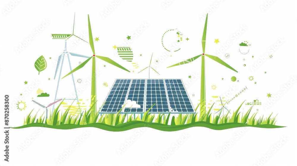 Green energy icons with solar panels and wind turbines, digital tone ...