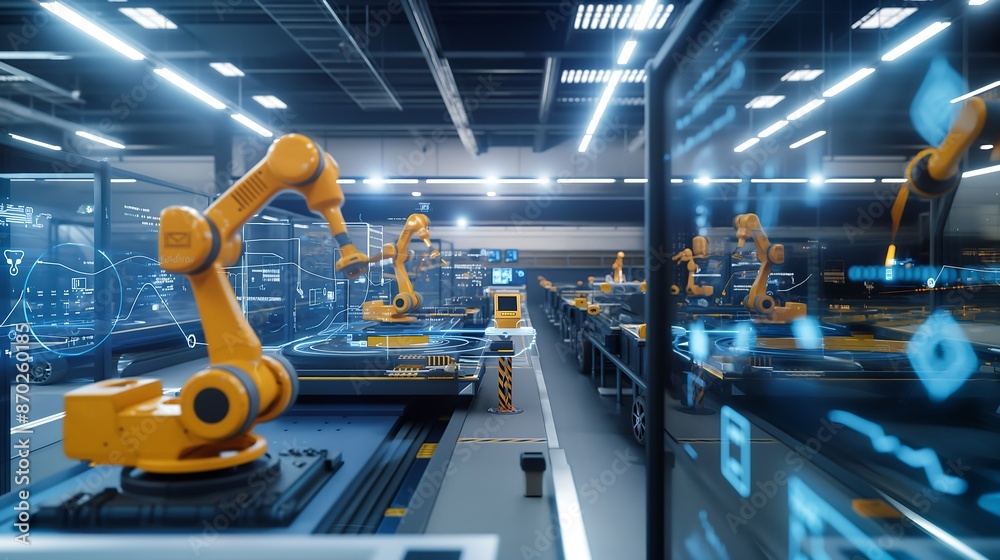 Industrial IoT Factory Interior Showing Robotic Arms, Autonomous ...
