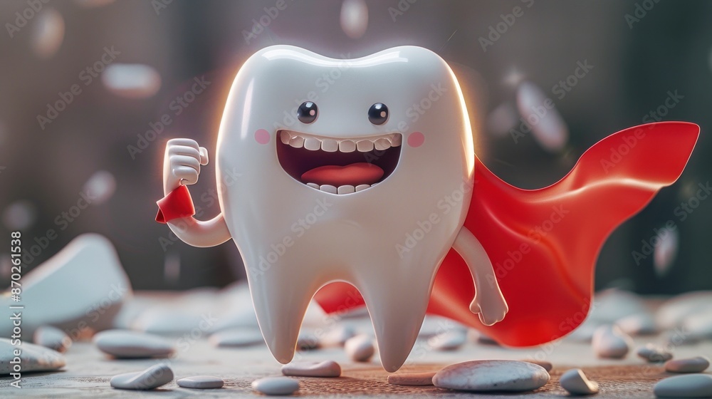 3D cartoon image of tooth character dressed as superhero with cape and ...