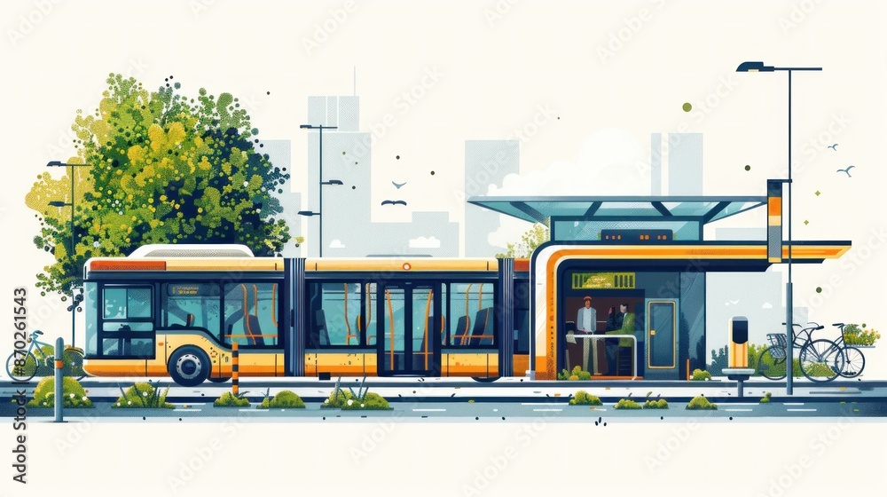 Flat illustration of an eco-friendly public transport system with electric buses, bike-sharing ...