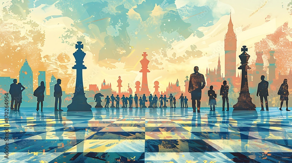An illustration of a giant chessboard with people from different ...