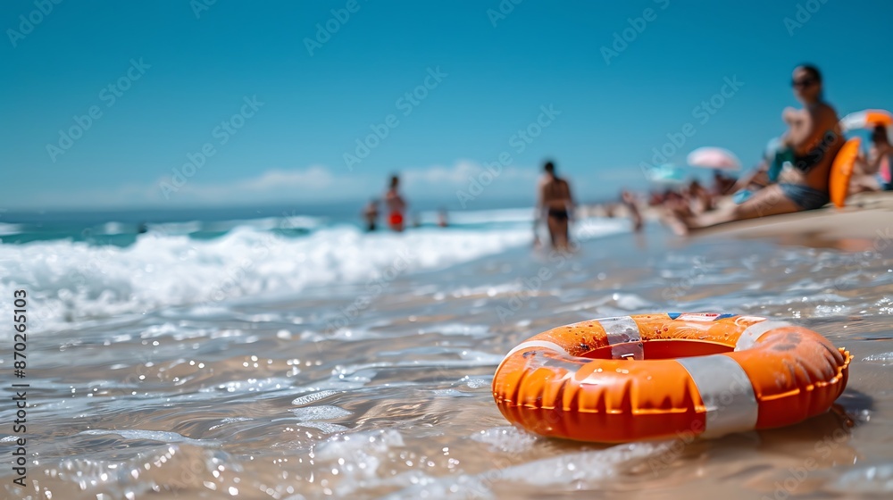 A beach scene with clear safety signs and lifeguards on duty, promoting ...