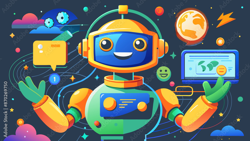 Robot chat bot with smiling face in cartoon style. It is surrounded by ...