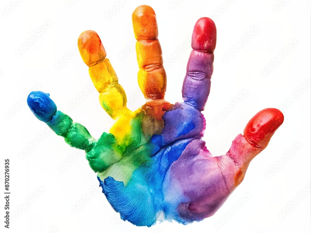 A hand with rainbow colors painted on it. The hand is in the middle of ...