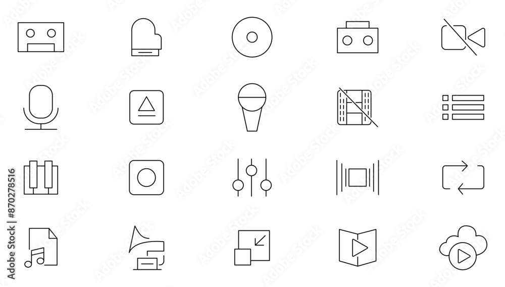 Music school linear icon set. School, instruments, students, sheet ...