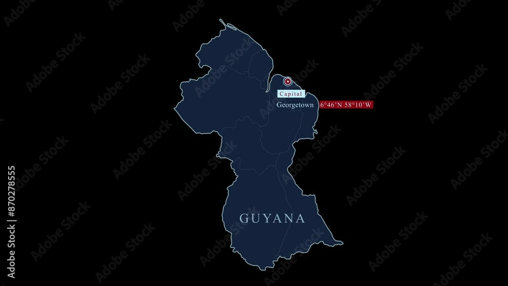 Blue stylized Guyana map with Georgetown capital city and geographic ...