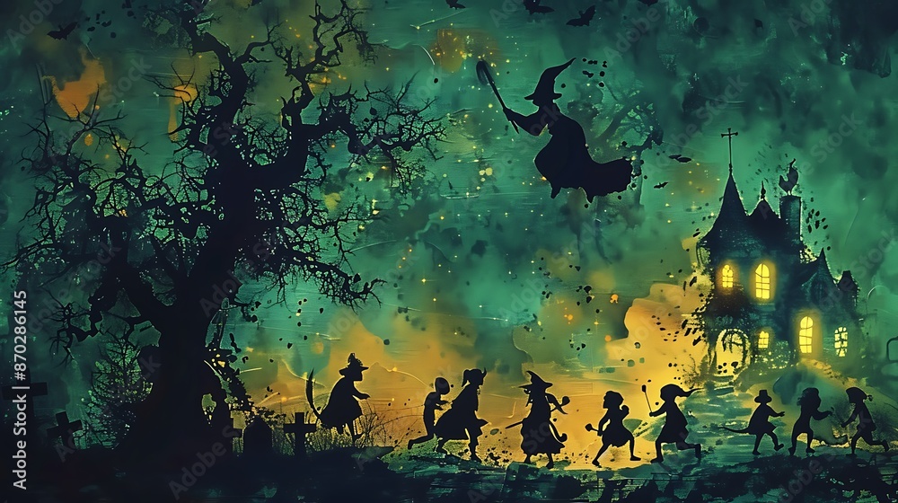 ภาพประกอบสต็อก A Halloween night scene featuring silhouettes of ...