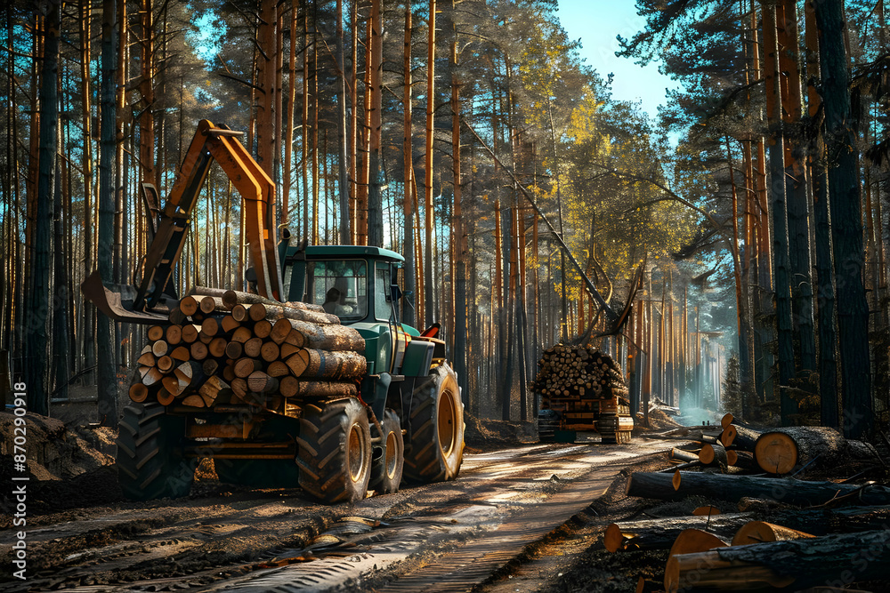 Logging trucks in a forest transporting felled trees on a dirt path ...