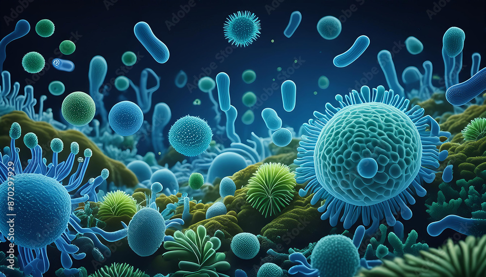 体内で動き回るいろいろな種類の細菌群の顕微鏡イメージ Stock Illustration | Adobe Stock