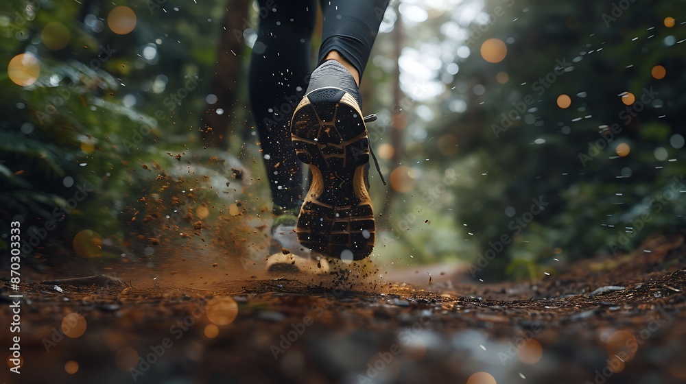 A close-up shot of a person's feet running on a forest trail. Dust ...