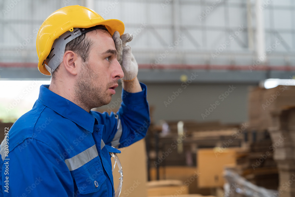 Tired male engineer worker working in factory in break time. Male ...