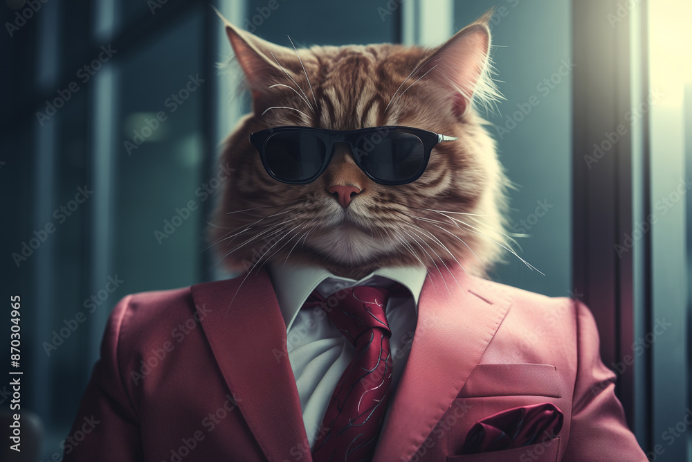 Anthropomorphic cute Boss Cat wearing a suit, office background ...